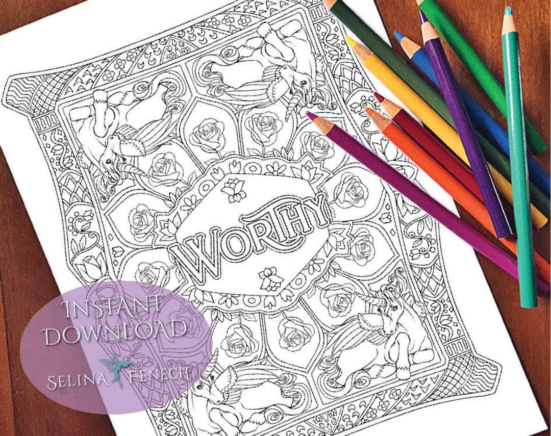 Worthy Inspirational Quotes Coloring Page/digi Stamp Fantasy Printable ...
