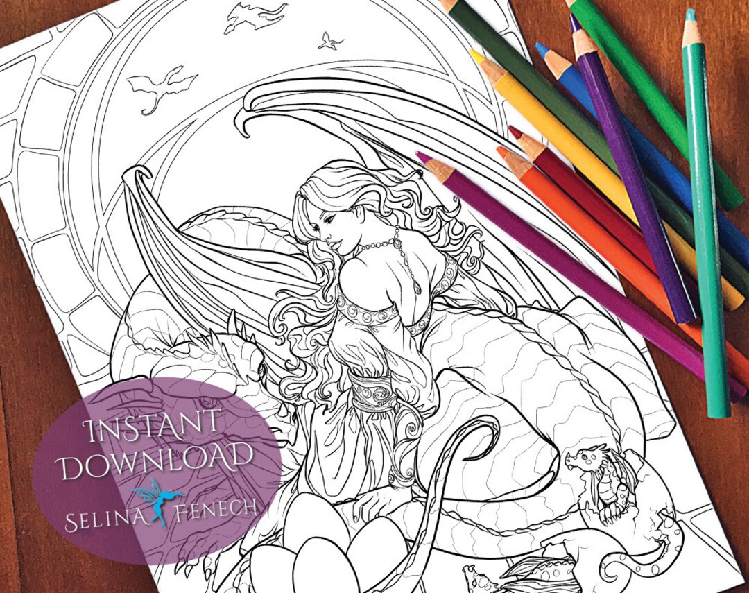 Rookery Unicorns and Dragons Coloring Page/digi Stamp Fantasy Printable ...