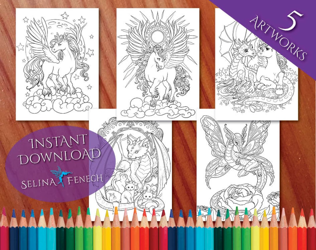 Cute Unicorns and Dragons Coloring Page/digi Stamp Fantasy Printable ...