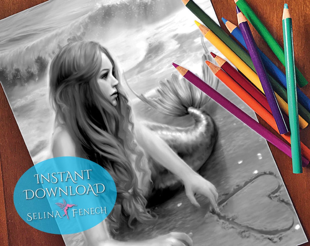 Waiting Mermaids Grayscale Coloring Page/digi Stamp Fantasy Printable ...