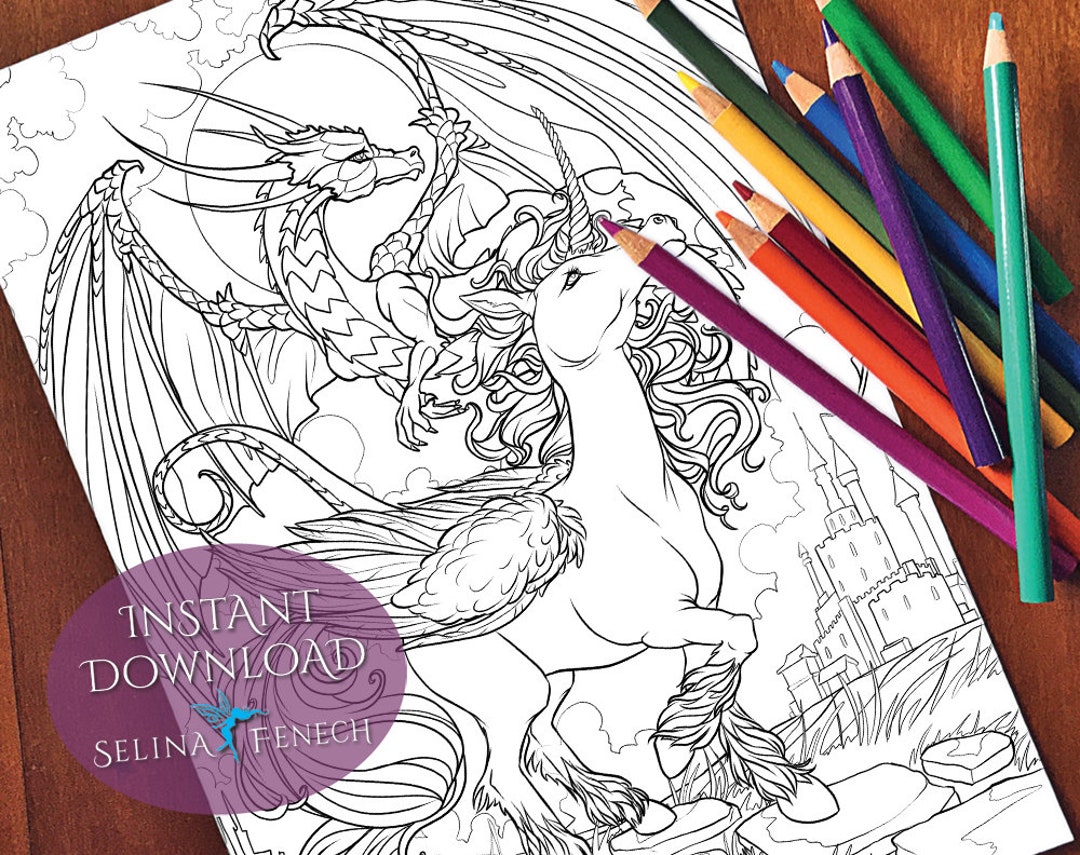Fairytale Wonder Unicorns and Dragons Coloring Page/digi Stamp Fantasy ...