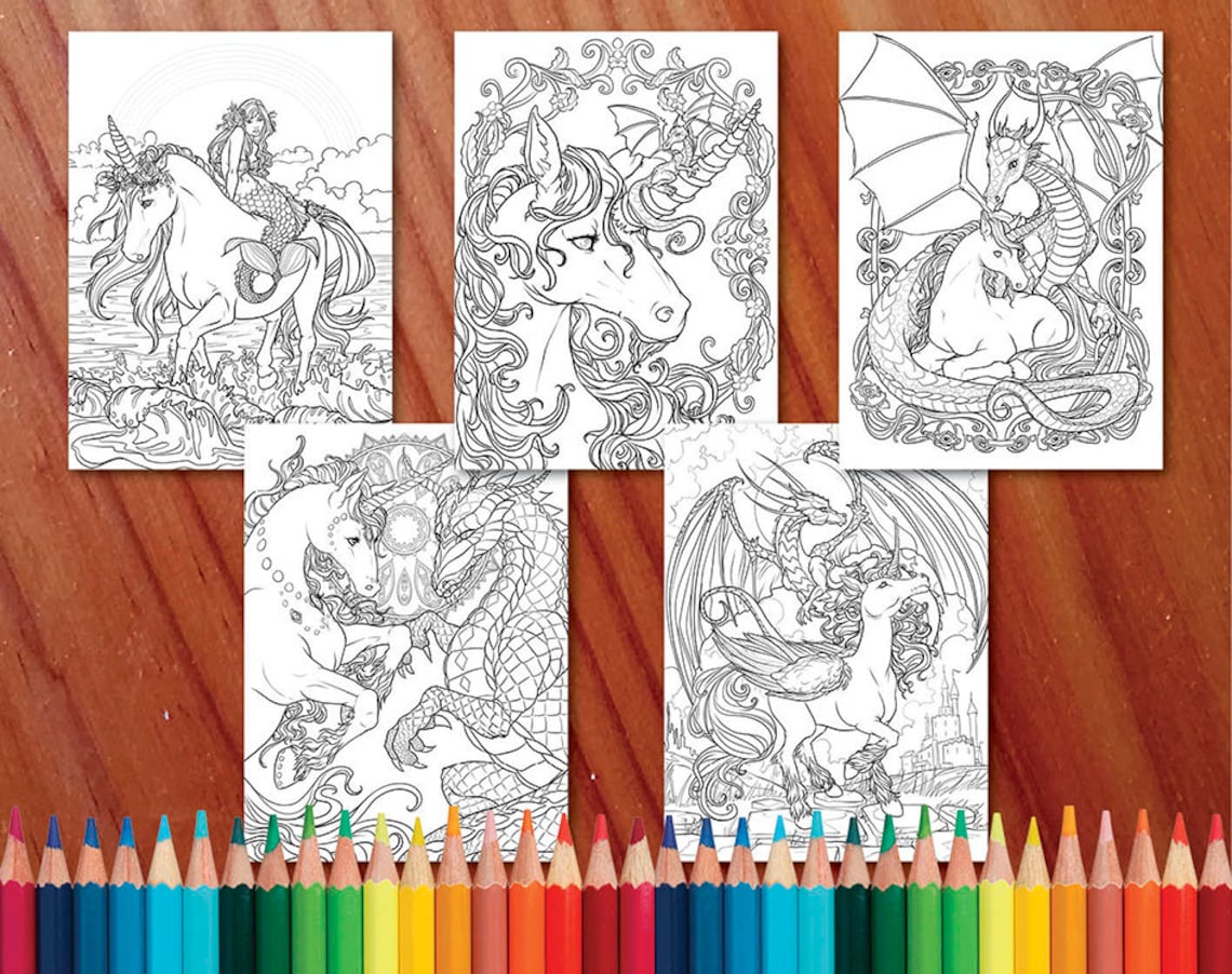 Unicorns and Dragons Coloring Collection Coloring Page/digi Stamp ...