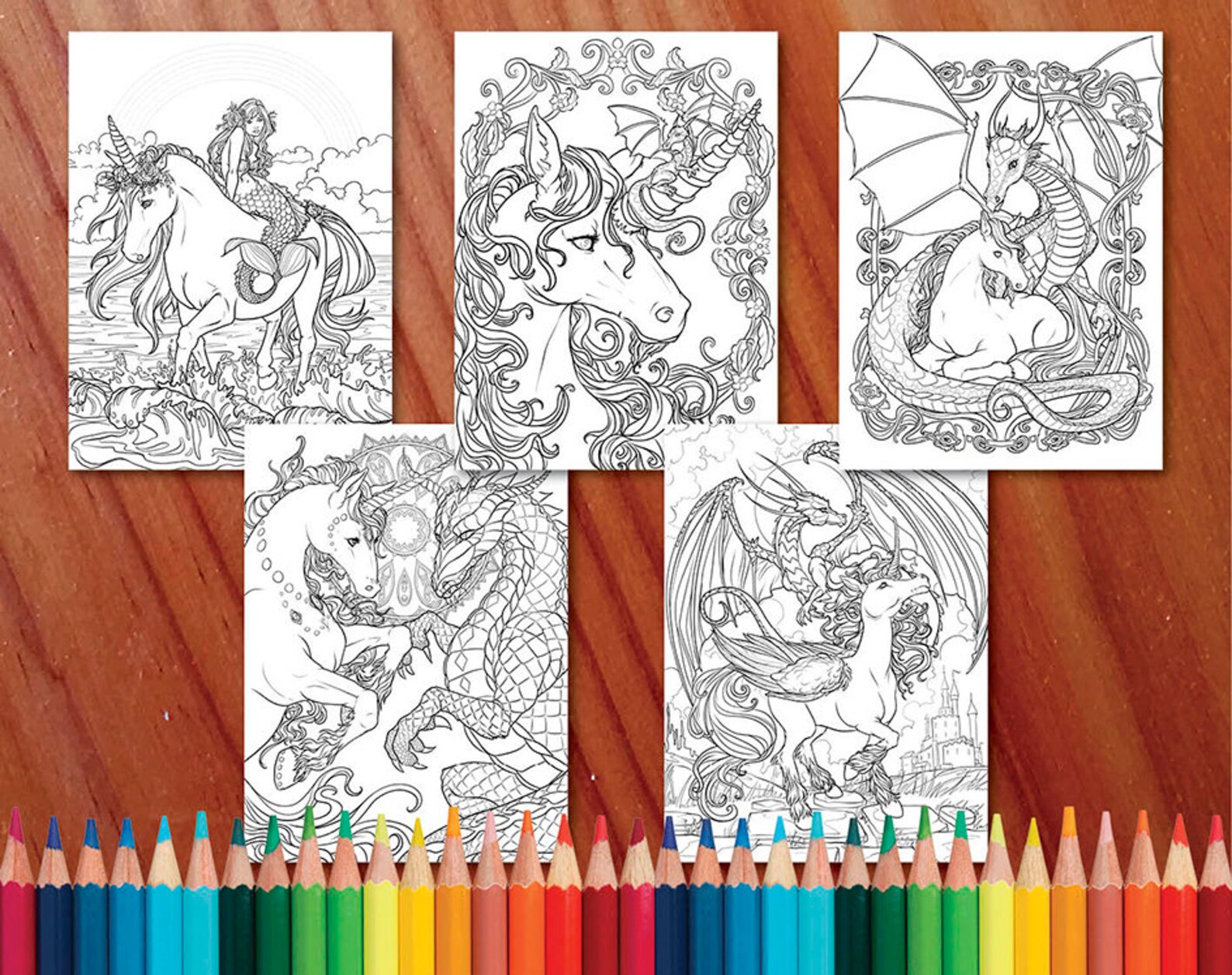 Unicorns and Dragons Coloring Collection Coloring Page/digi Stamp ...