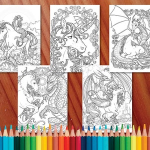 Unicorns and Dragons Coloring Collection Coloring Page/digi Stamp ...
