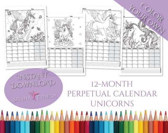 12 Month Perpetual Calendar Unicorns Coloring Page/digi Stamp | Etsy