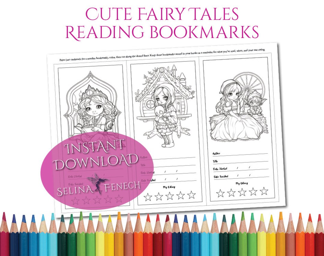 Reading Bookmark Cute Fairy Tales Coloring Page/digi Stamp Fantasy ...