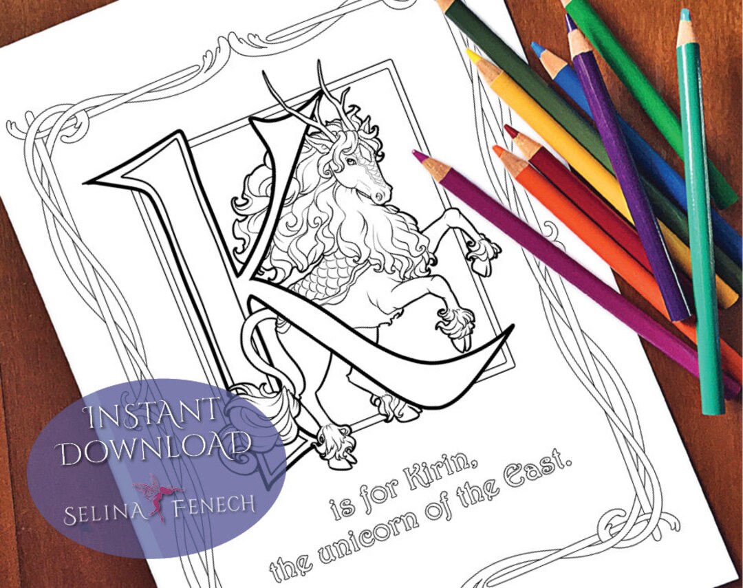Fantasy Alphabet Magical Creatures K Coloring Page/digi Stamp Fantasy ...