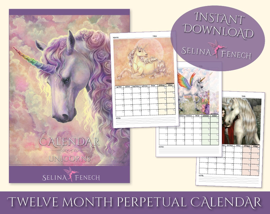 Unicorns Perpetual 12 Month Calendar Fairy Art Printable Scrapbooking ...