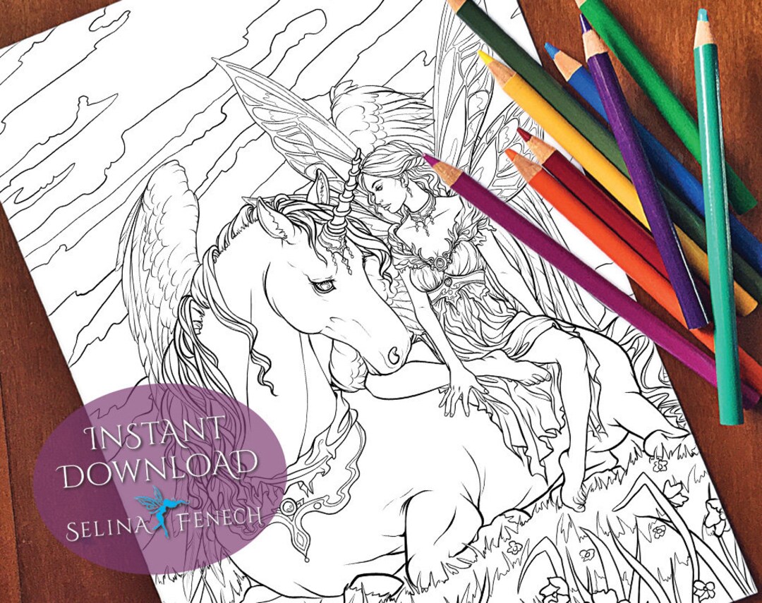 Love and Magic Unicorns and Dragons Coloring Page/digi Stamp Fantasy ...