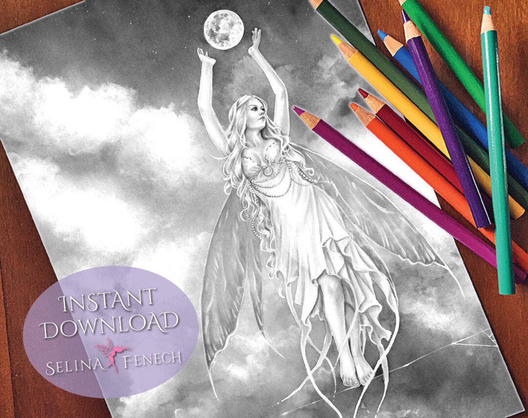 Child of the Moon Fairy Magic Grayscale Coloring Page/digi Stamp ...