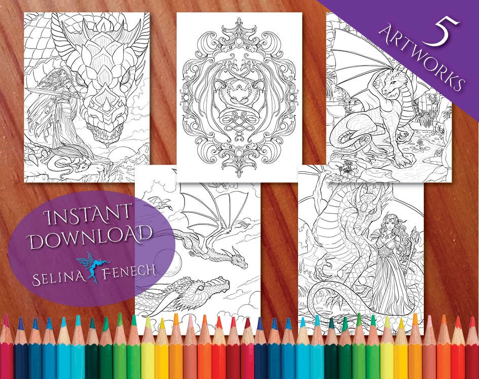 Magical Dragons Coloring Page/Digi Stamp Fantasy Printable | Etsy