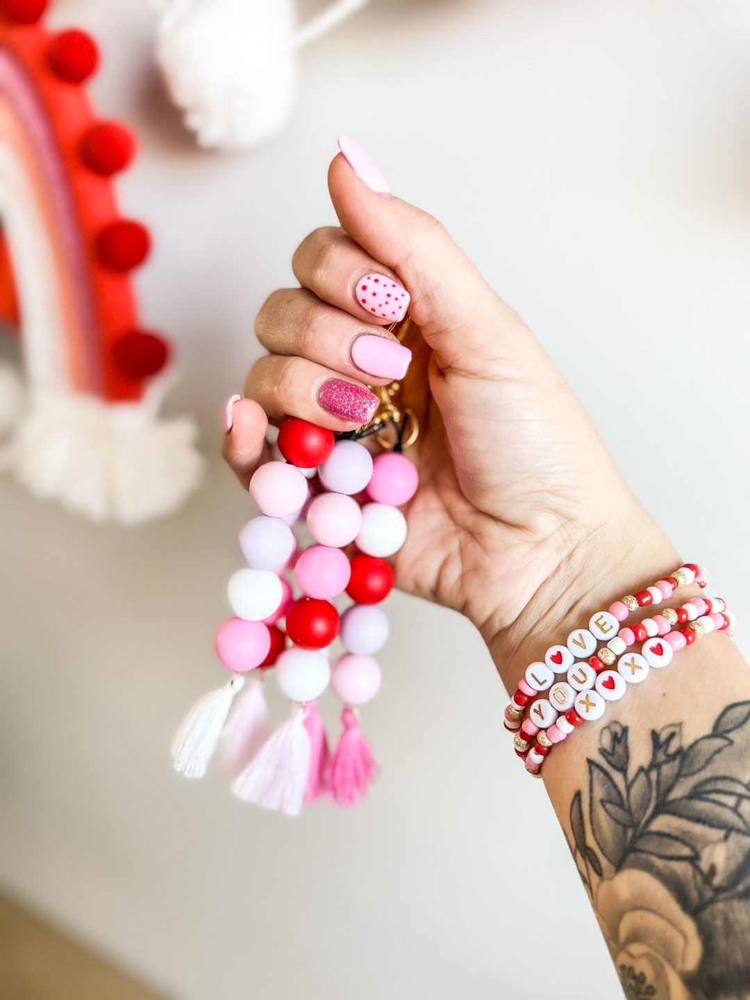 Beaded Keychain • Silicone Keychain • Keychain • Valentine’s Day • Pink ...