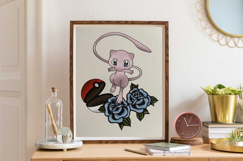 8x10 Mew Pokemon Tattoo Flash Printed on Watercolor Paper - Etsy
