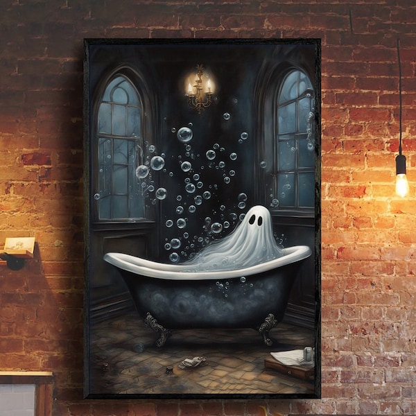 Funny Ghost in Bathroom Poster, Ghost in Tub Print, Spooky Wall Art ...