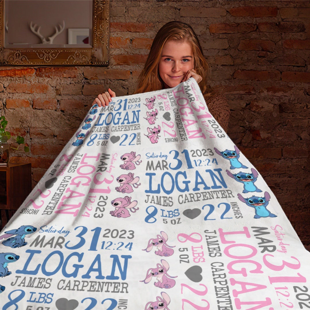 Personalized Baby Stats Stitch and Angel Blanket, Lilo & Stitch Birth ...