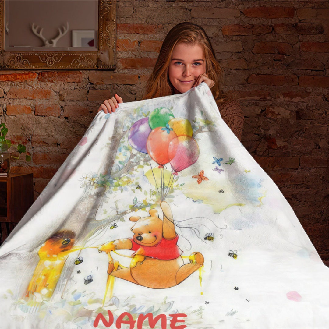 Vintage Winnie the Pooh Baby Blanket, Personalized Pooh With Balloons ...