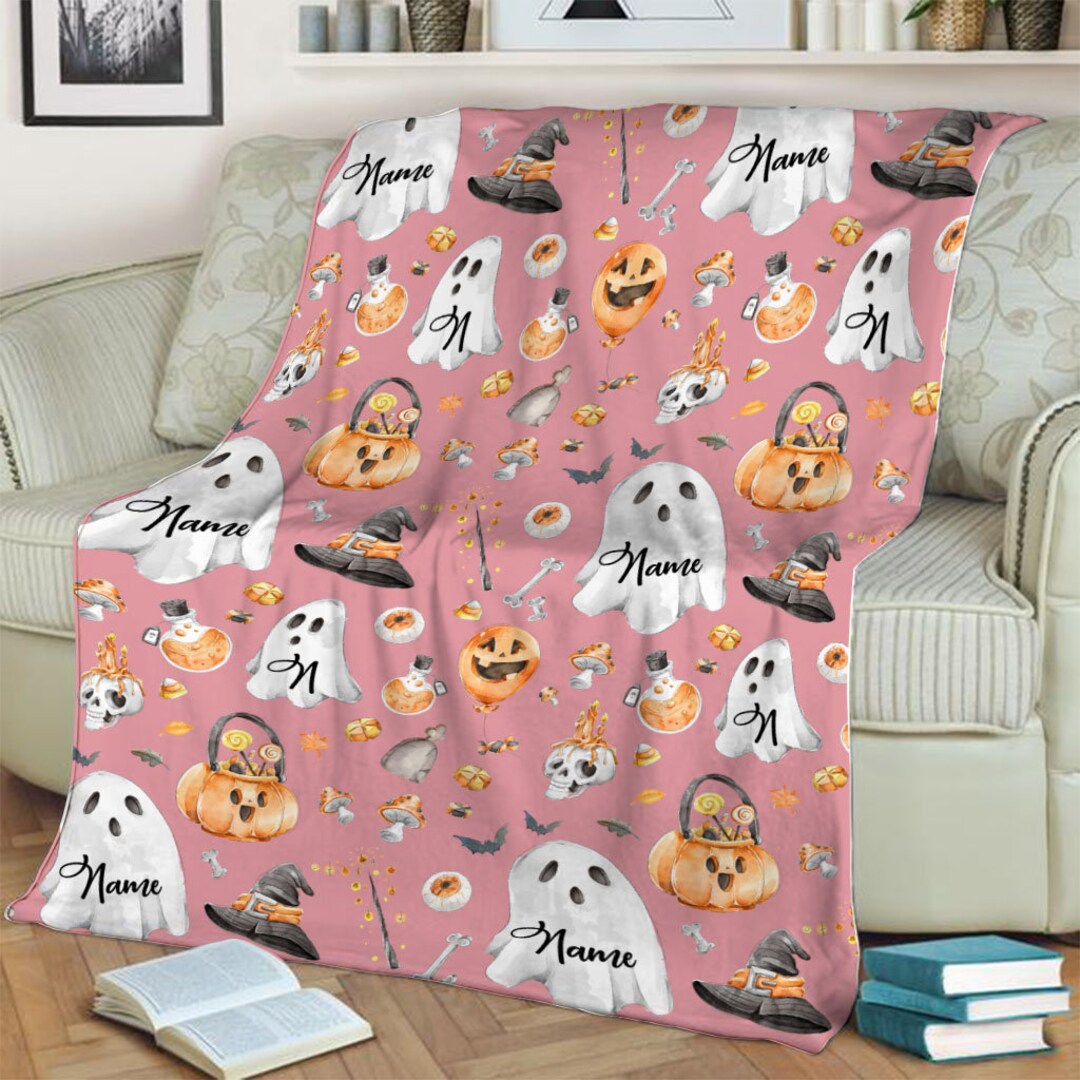 Cute Ghost Pumpkin Blanket, Custom Name Fall Halloween Blanket, Ghost ...