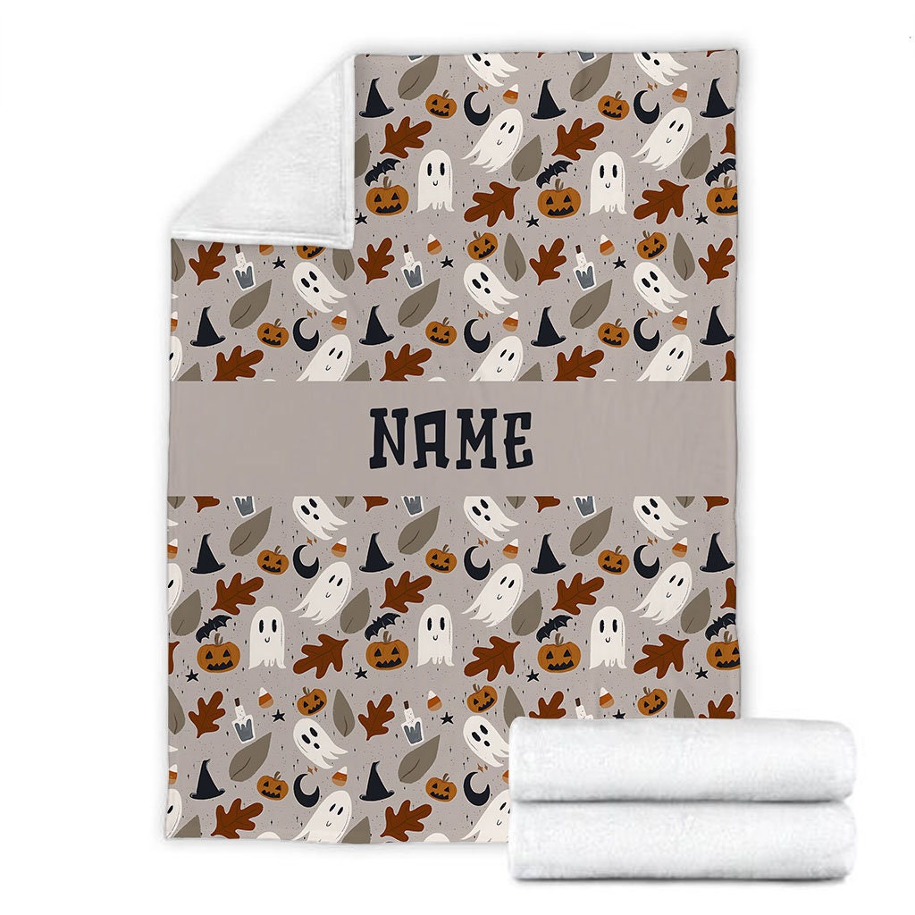 Pumpkin Ghost Blanket, Custom Name Fall Halloween Blanket, Cute Ghost ...