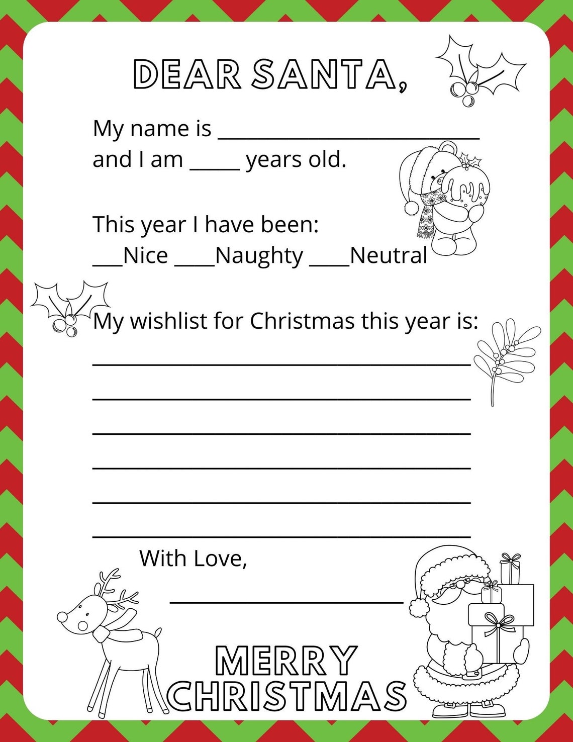 Dear Santa Letter Printable File Letter to Santa Coloring | Etsy