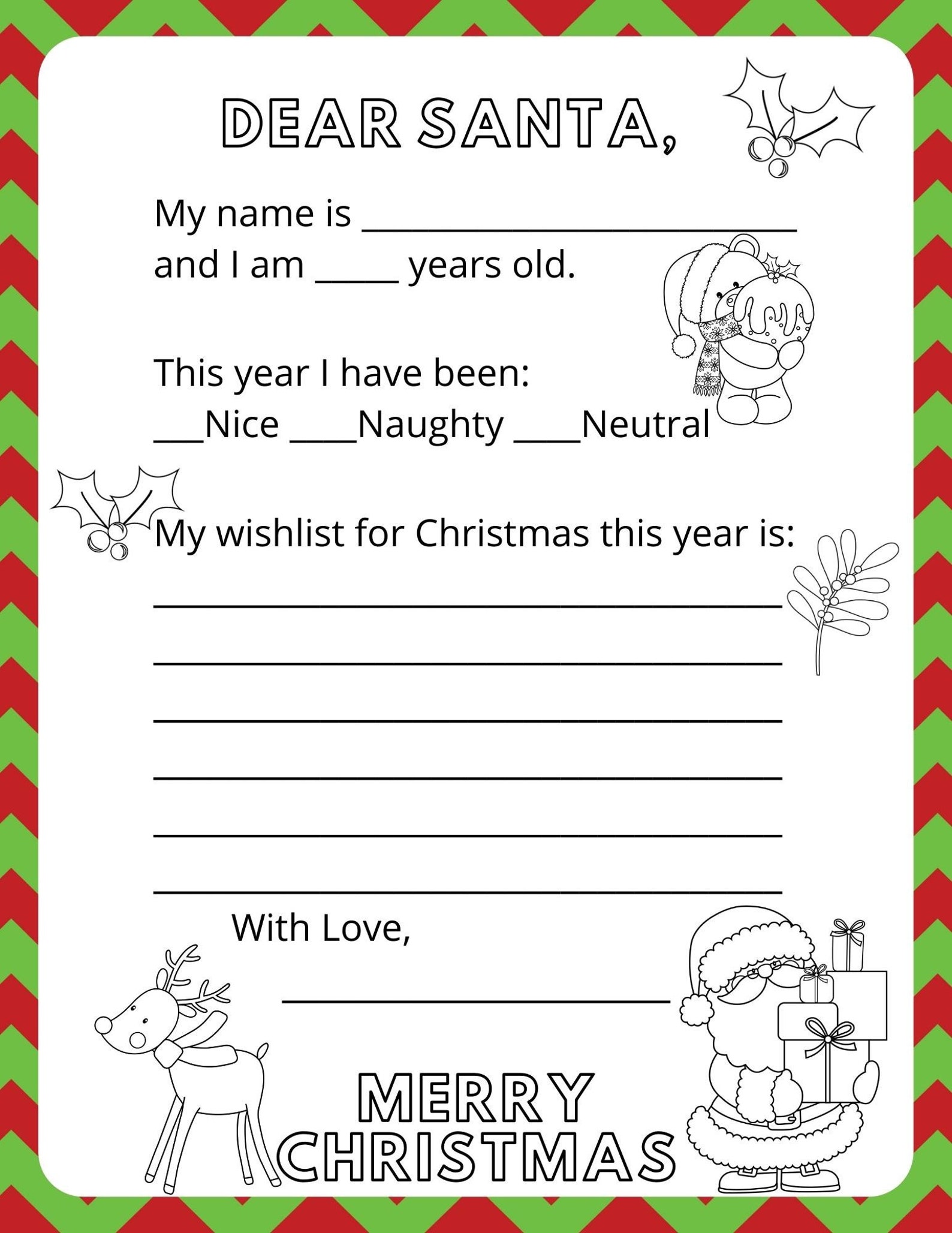 Dear Santa Letter Printable File Letter to Santa Coloring | Etsy