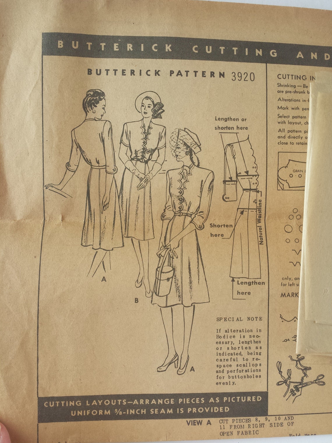 1940s Vintage Butterick Sewing Pattern 3920 (ca. 1946) Women's One ...