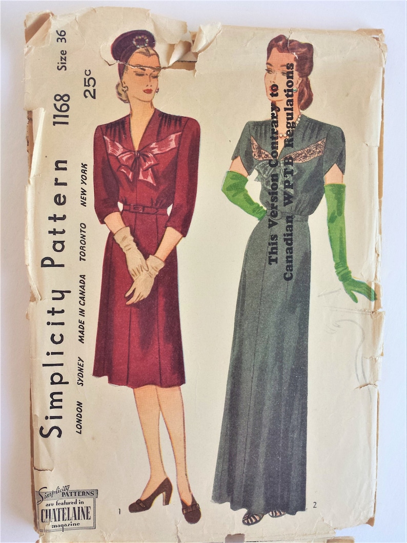 1940s Vintage Simplicity Sewing Pattern 1168 Size 36 Women's Daytime ...