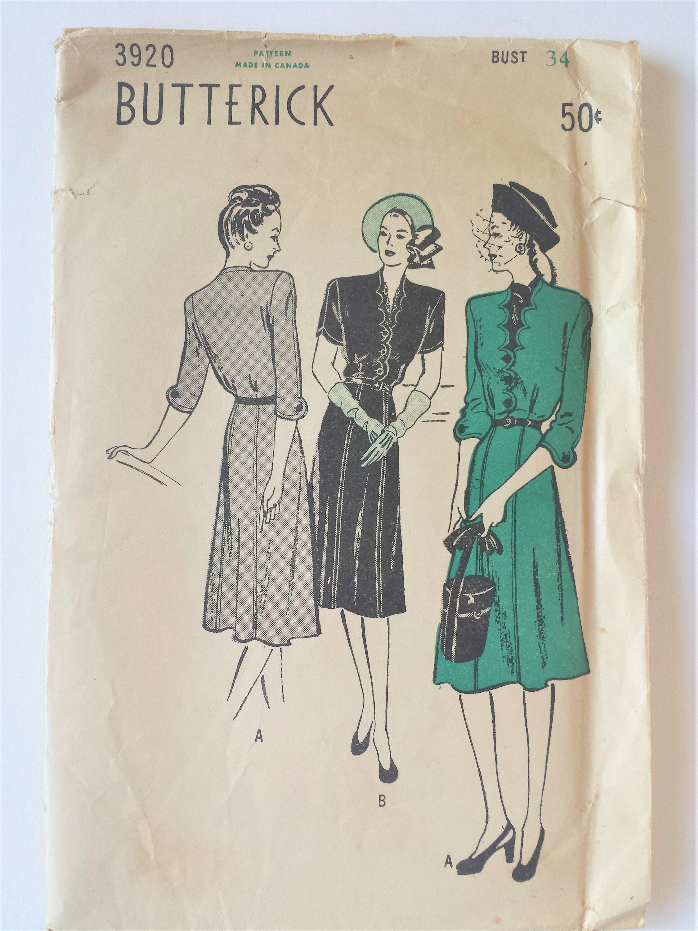 1940s Vintage Butterick Sewing Pattern 3920 (ca. 1946) Women's One ...