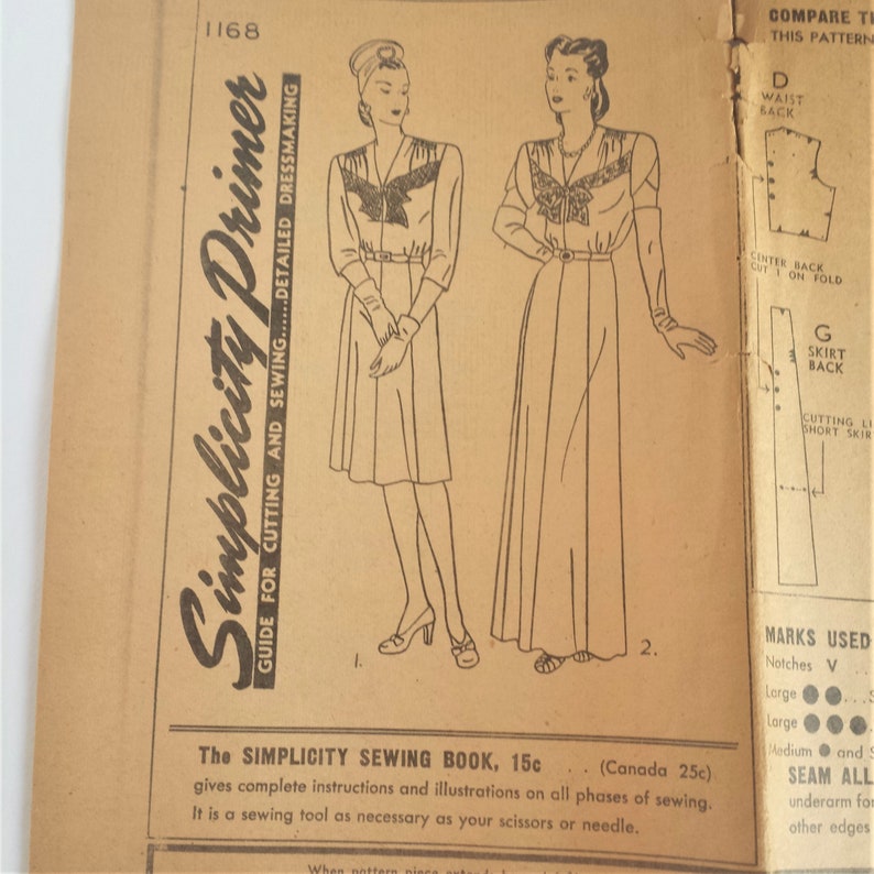 1940s Vintage Simplicity Sewing Pattern 1168 Size 36 Women's Daytime ...