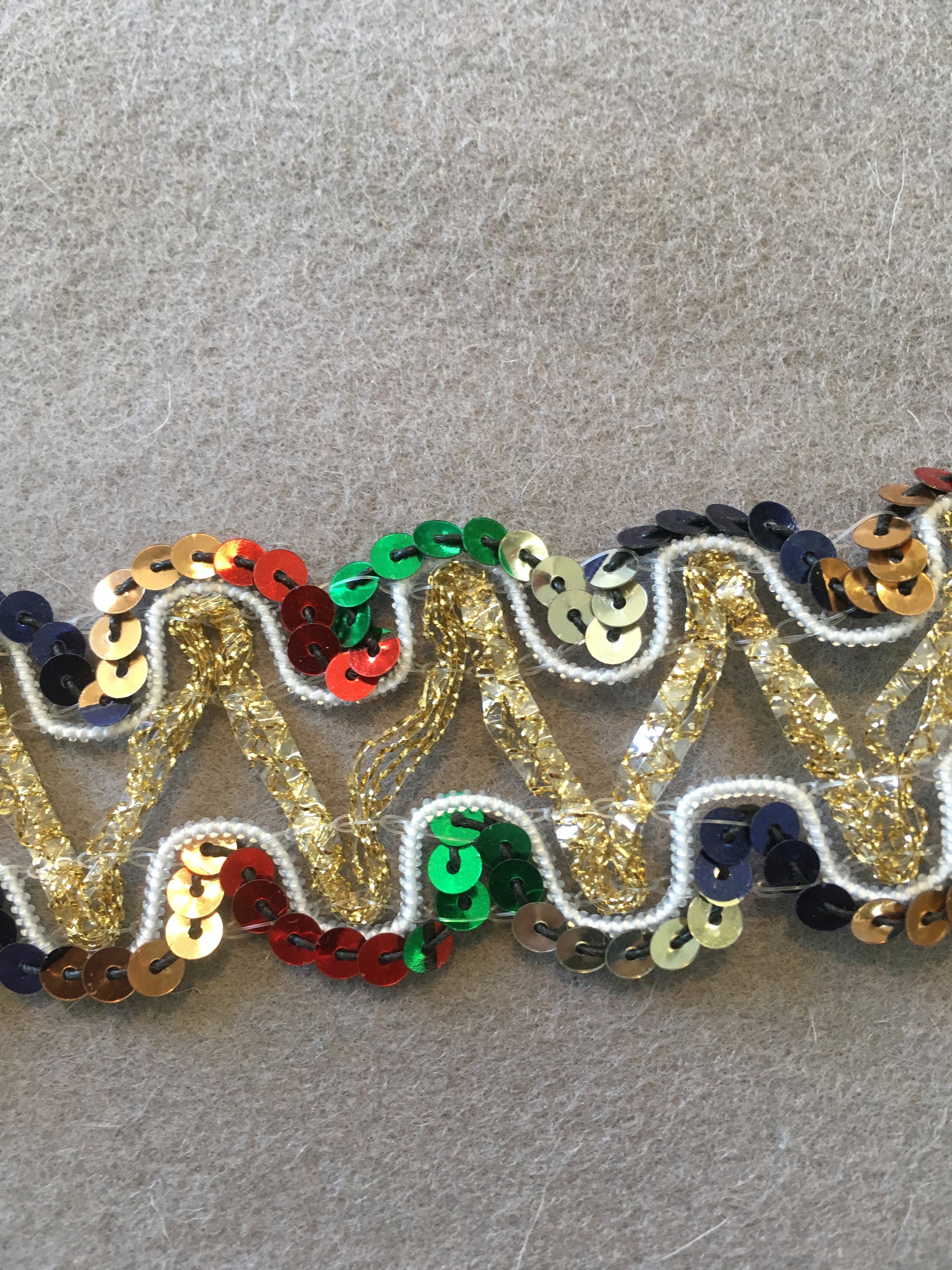 Wavy Edged Trim of Multicolored Sequins, Gold Ratine and Iridescent ...