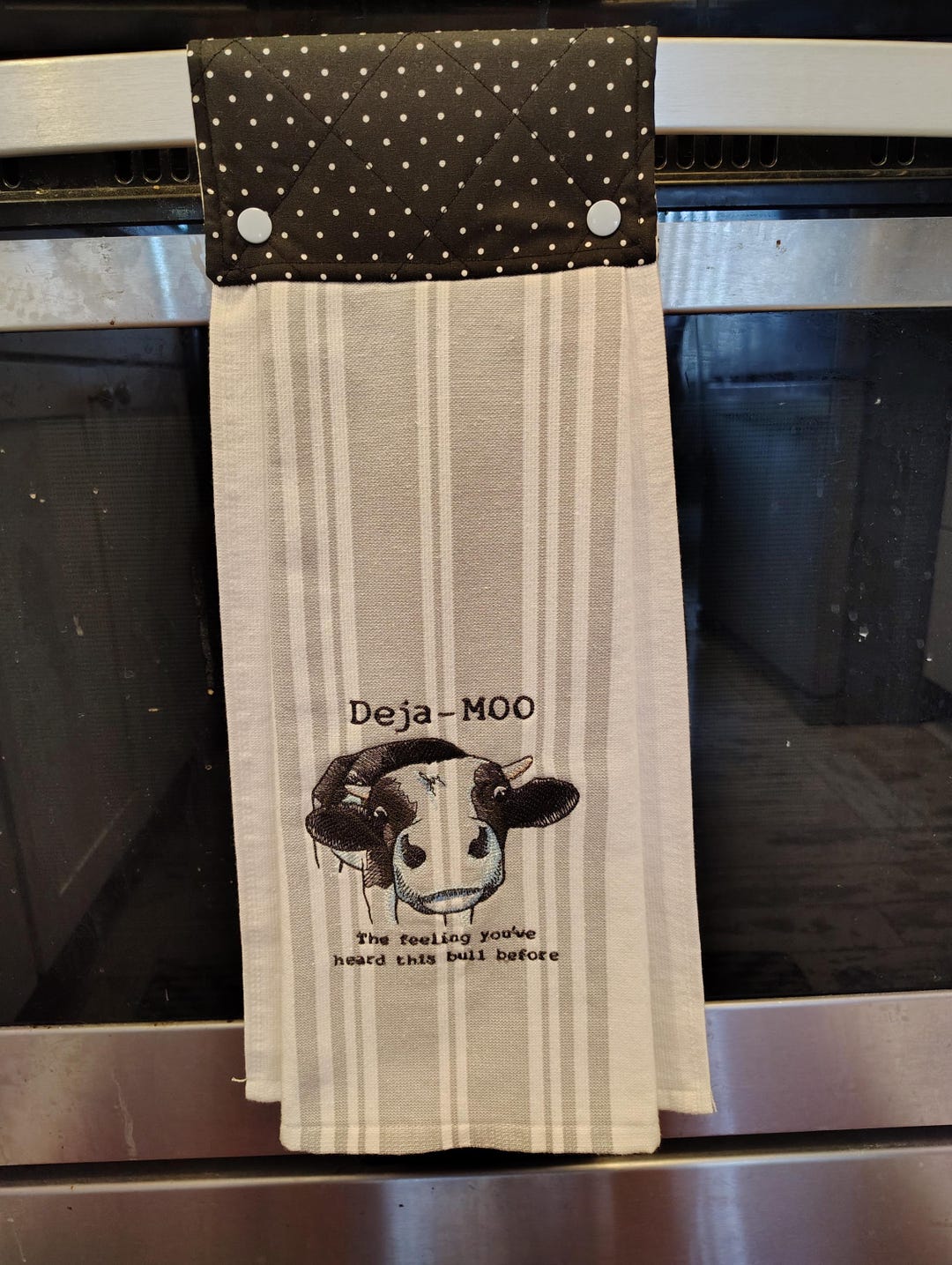 Hanging Kitchen Oven Door Towel, Snap on Top, Cow Design, Embroidered ...