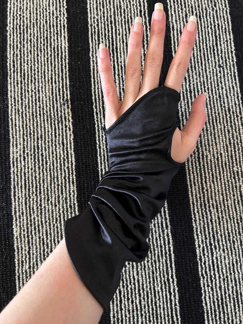 80s Black Fingerless Stretch Satin Gloves Shiny Spandex Rocker Goth ...