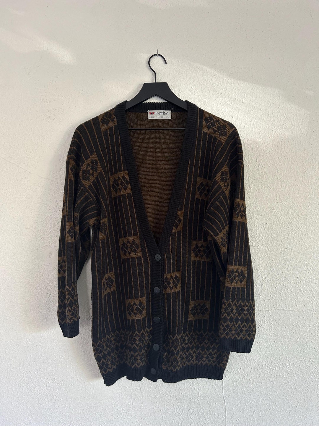 80s Vintage Grunge Argyle Cardigan Black Brown Woven Acrylic Mens ...