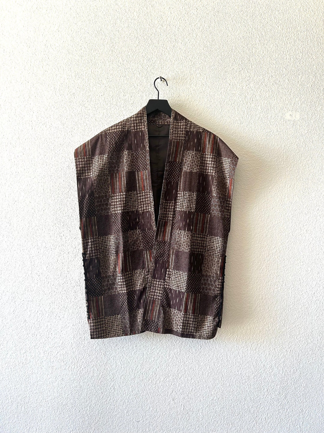 VINTAGE Japanese Vest Waistcoat Kimono Sleeveless Cotton Woven Brown ...