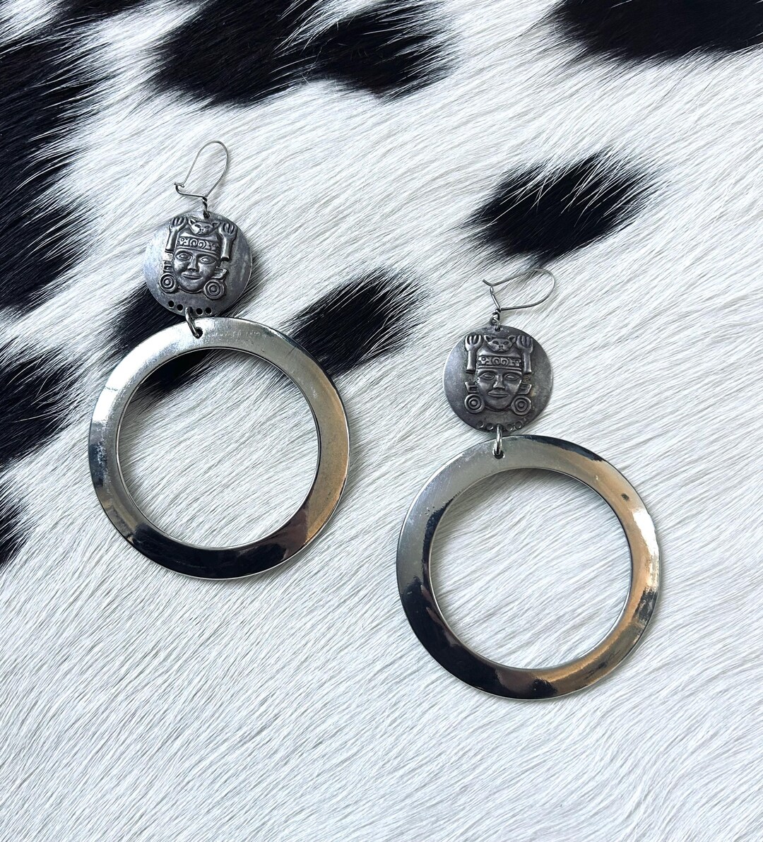 Vintage 70s Aztec Jaguar Hoop Earrings Handmade Sterling Silver and ...
