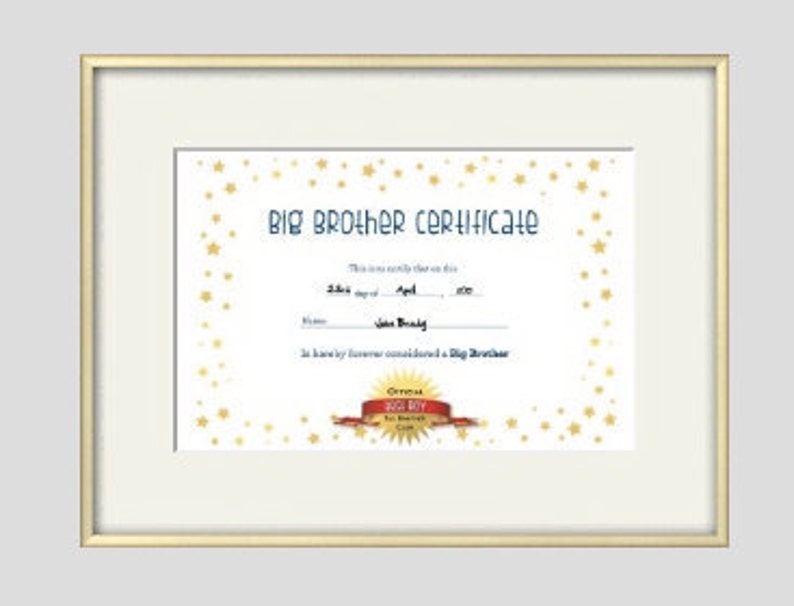 Big Brother Certificate, Big Brother Gift, Sibling Gift, New Baby Gift ...