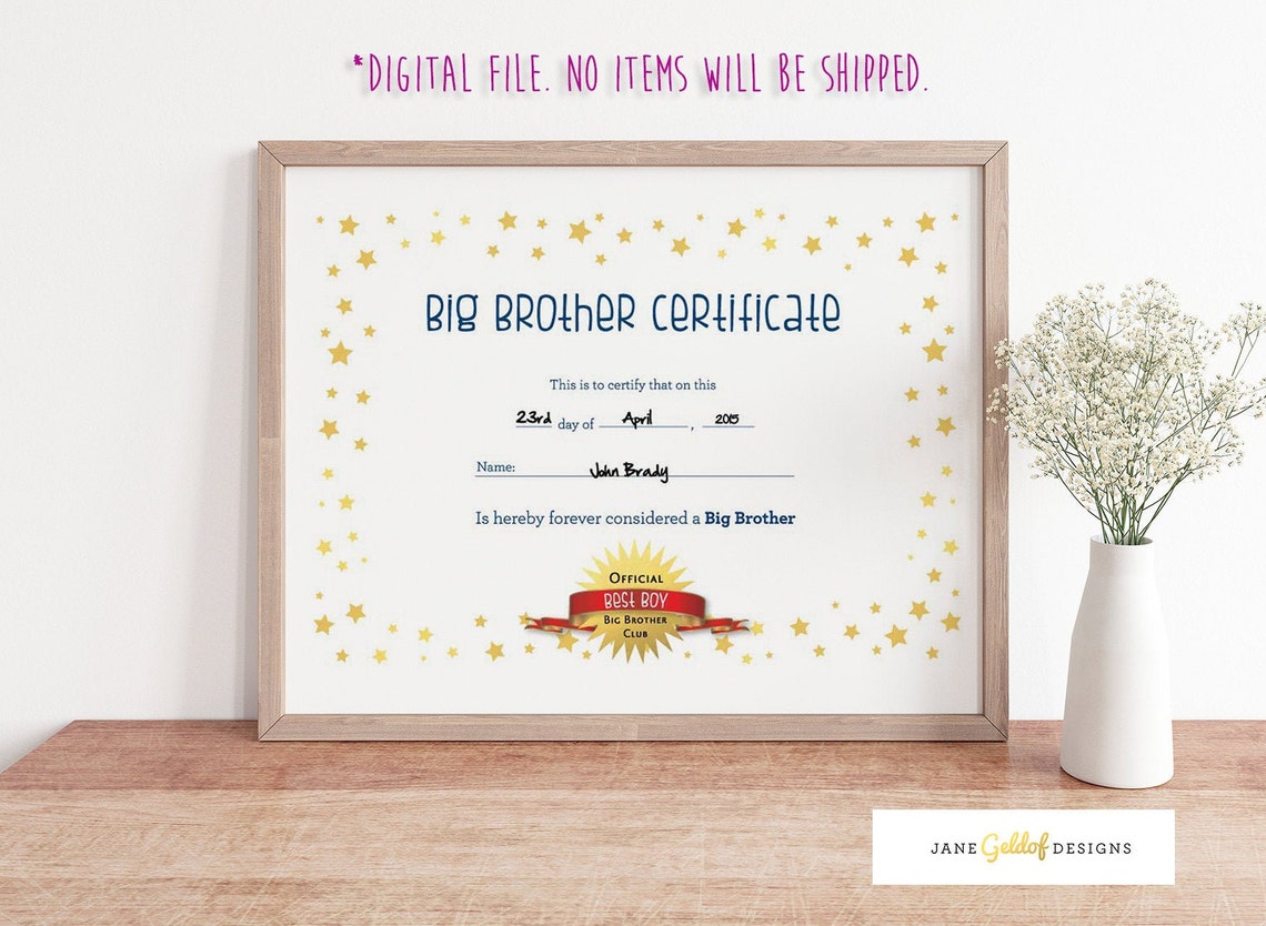 Big Brother Certificate: Sibling Gift, New Baby (digital Download) - Etsy