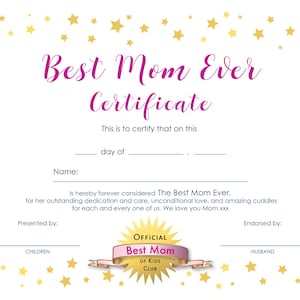 Best Mom Certificate - Gift for Mother's Day - Etsy