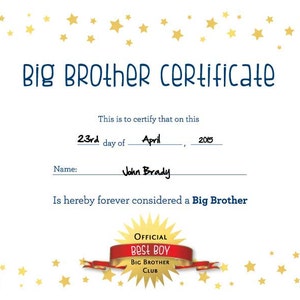 Big Brother Certificate, Big Brother Gift, Sibling Gift, New Baby Gift ...