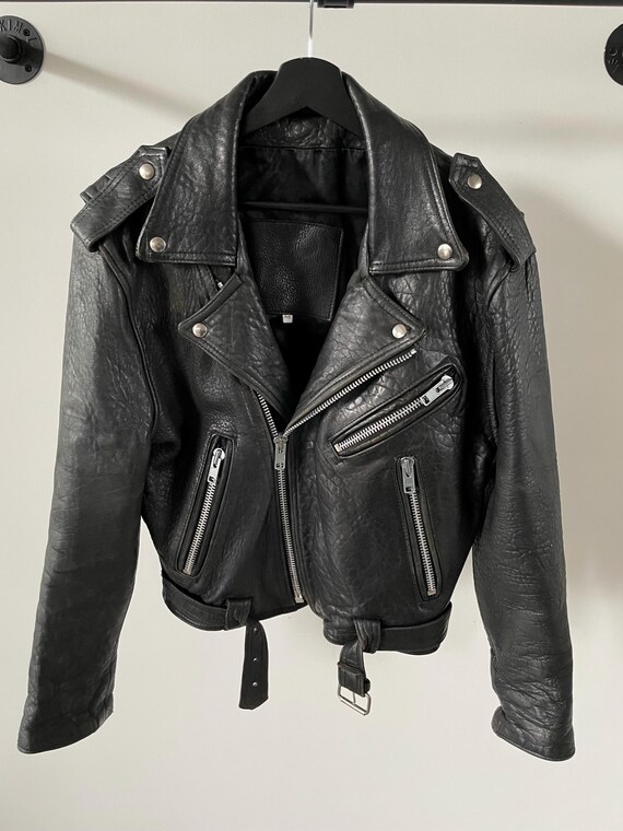 Vintage black leather perfecto jacket 90s buttery sof… - Gem