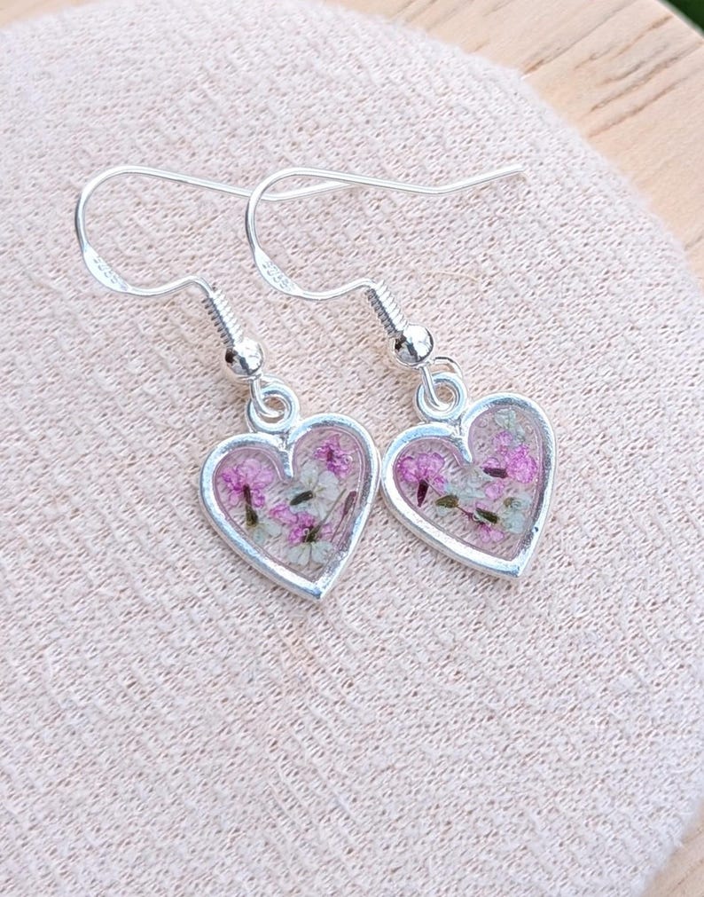 Real Flower Heart Earrings: Sterling Silver Dangle Drop Earrings - Etsy UK