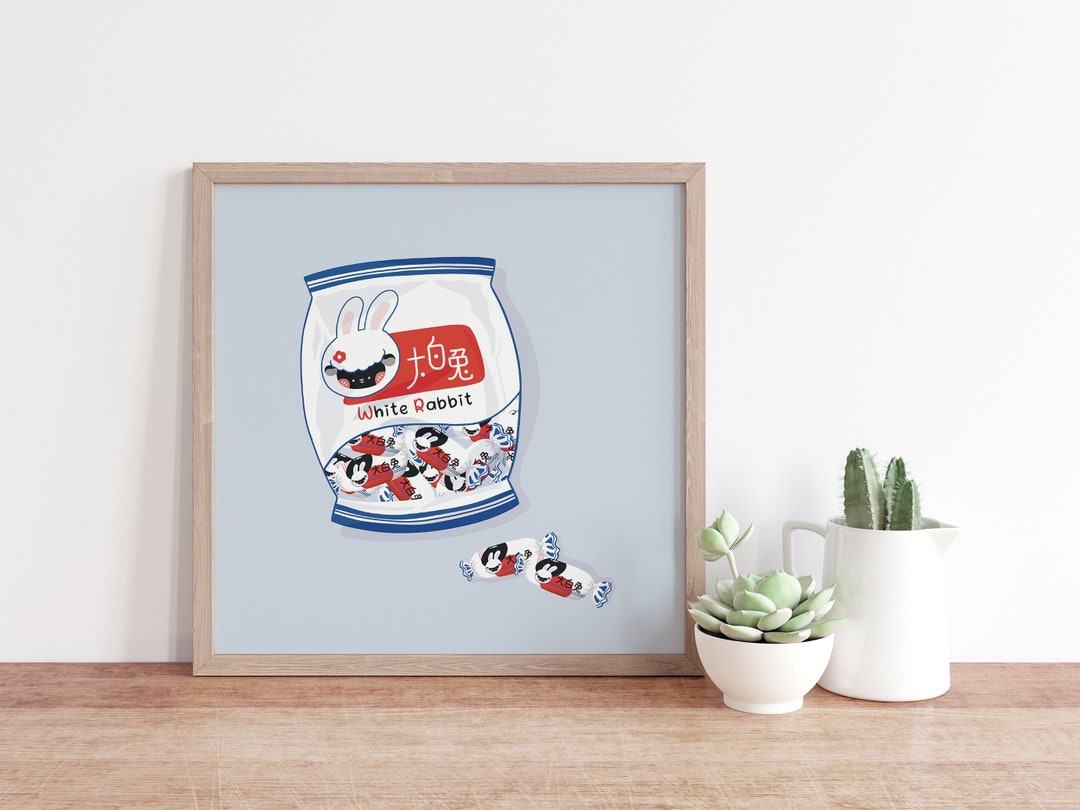 White Rabbit Art Print, Kawaii Snack Art Home Decor, 5*5 Office Wall ...