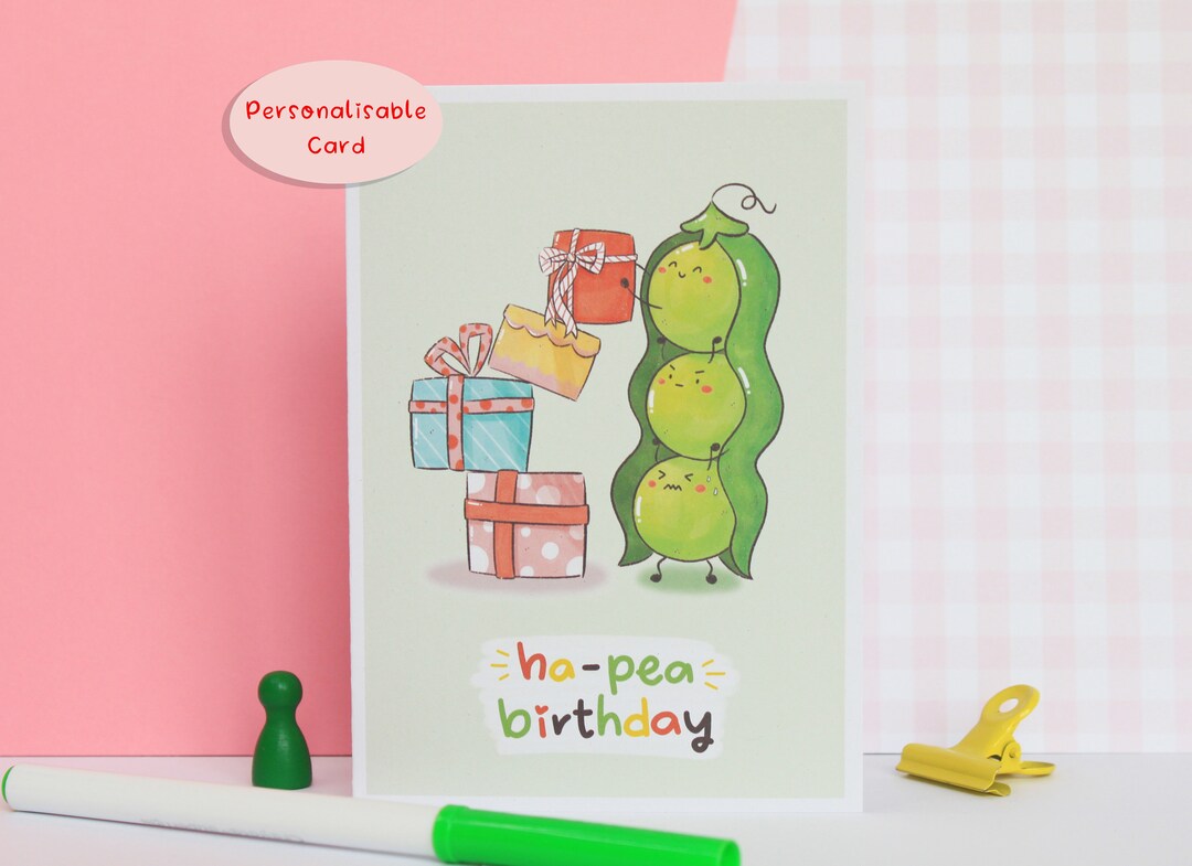 Ha-pea Birthday Card, Kawaii Personalisable Pea Birthday Card, Birthday ...