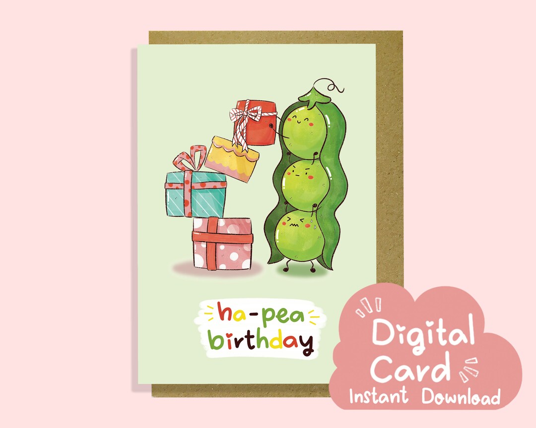 Digital Printable Birthday Card With Pea Illustration, Cute ...