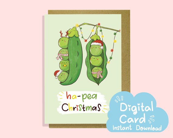 Printable Kawaii Christmas Card With Pea Happy Christmas Cute | Etsy