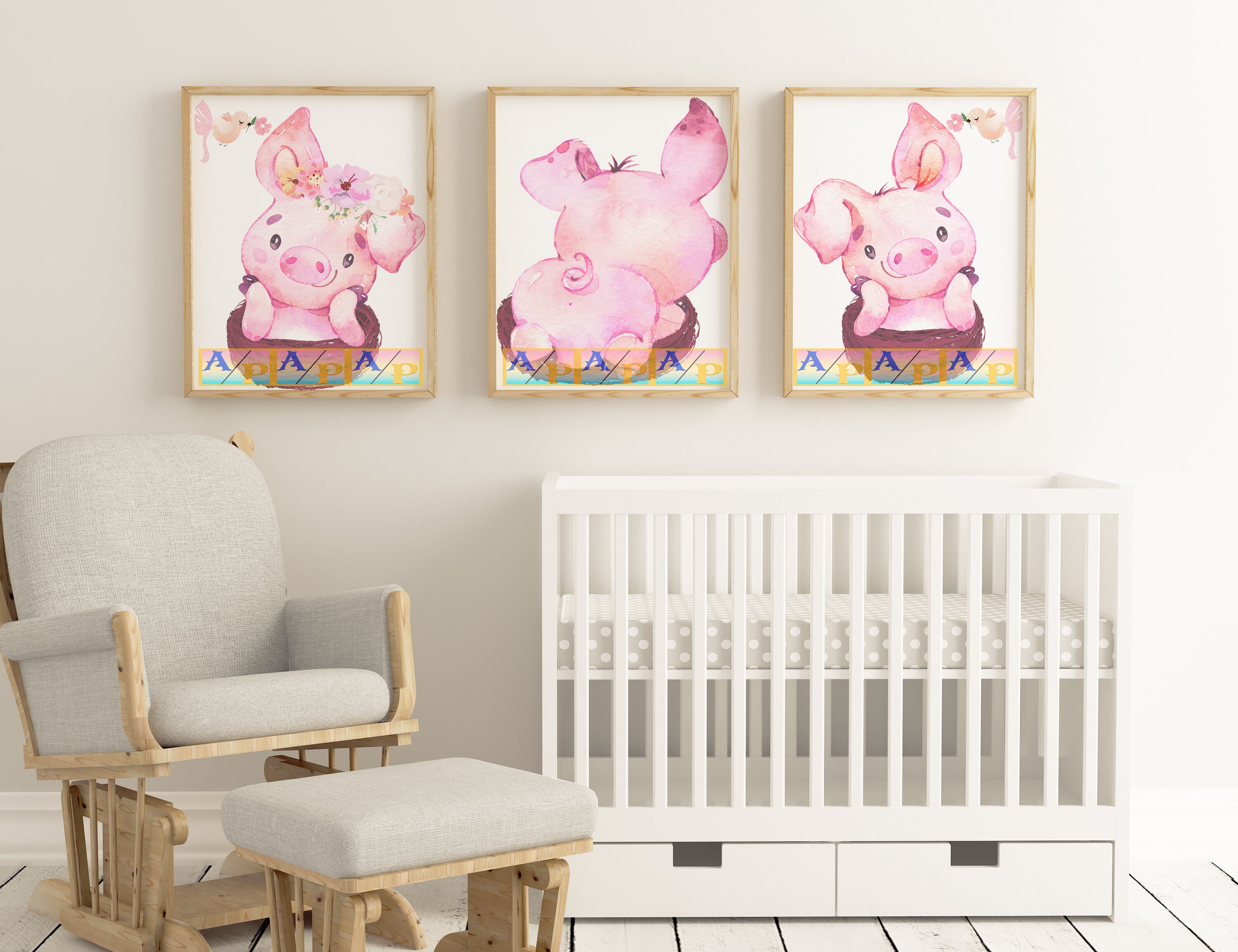 Pig Nursery Prints Set of 3, Whimsical Art for Kids Room, Pig Baby ...