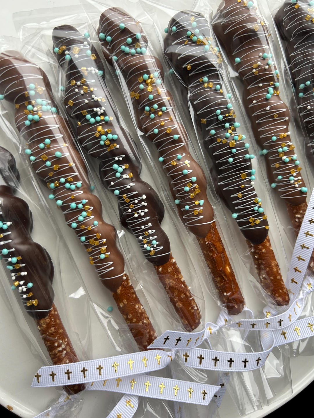 Baby Boy Baptism Chocolate Pretzels – Light Blue & Gold Cross ...