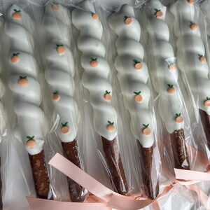 Little Peach Baby Shower Pretzels- Chocolate Covered Pretzel Rods ...