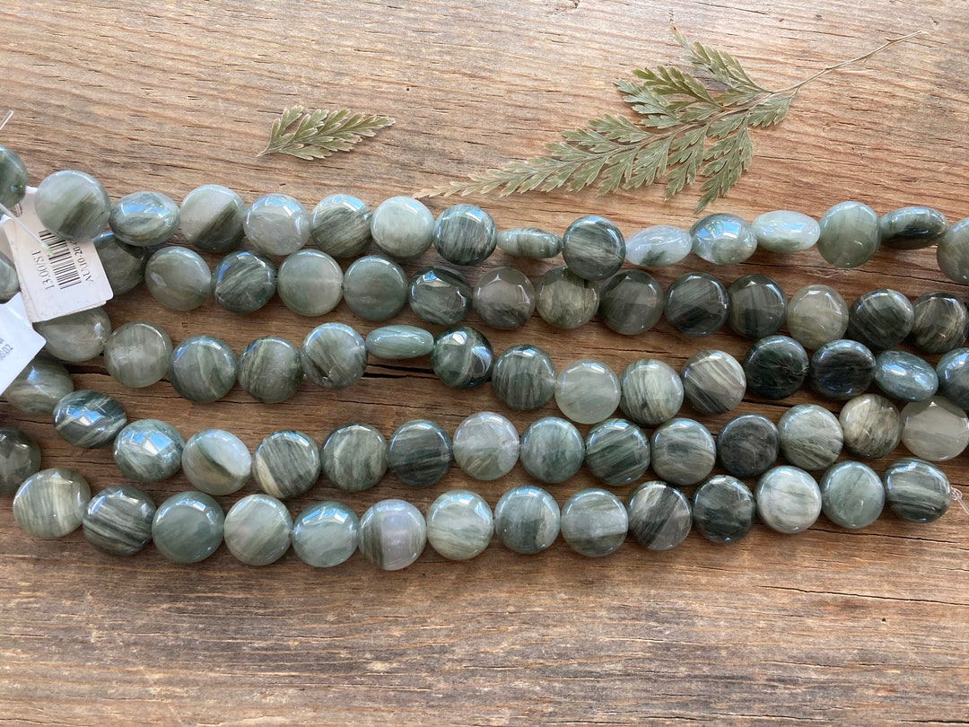 Green Line Quartz Stone Smooth Polished Puffed Coin Beads ~ 8" Strand ...