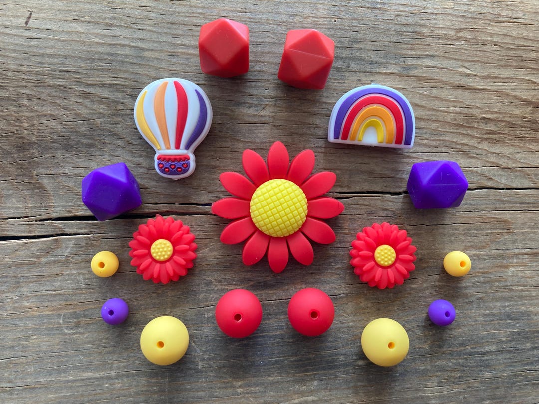 Silicone Bead Set Mix Assortment ~ Red Purple Flower & Hot Air Balloon ...