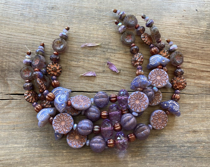 Czech Glass Bead Mix Red Bronzed Thistle Pressed Fire Polish Table